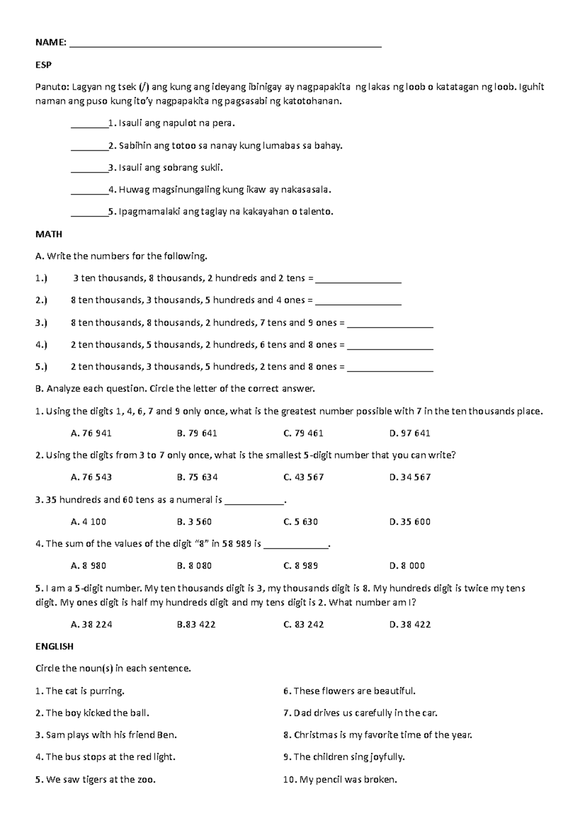 Activities - worksheets - NAME: __________________________________________________________ ESP ...