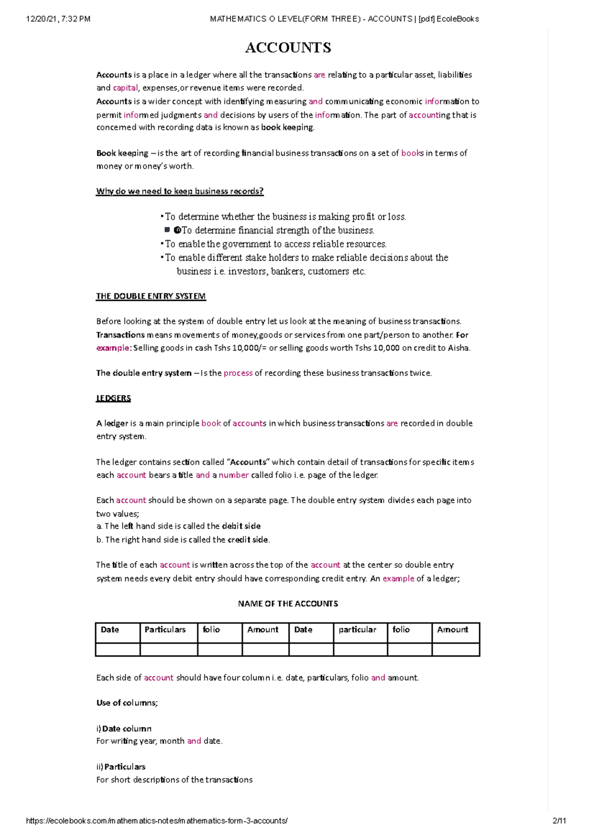Mathematics - Accounts - ACCOUNTS Accounts is a place in a ledger where ...