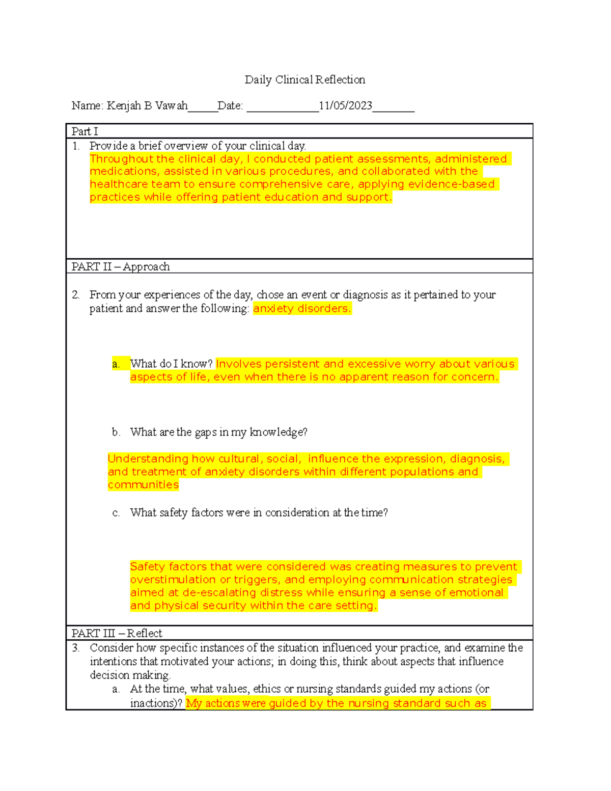 Post Clinical Reflection - Daily Clinical Reflection Name: Kenjah B ...