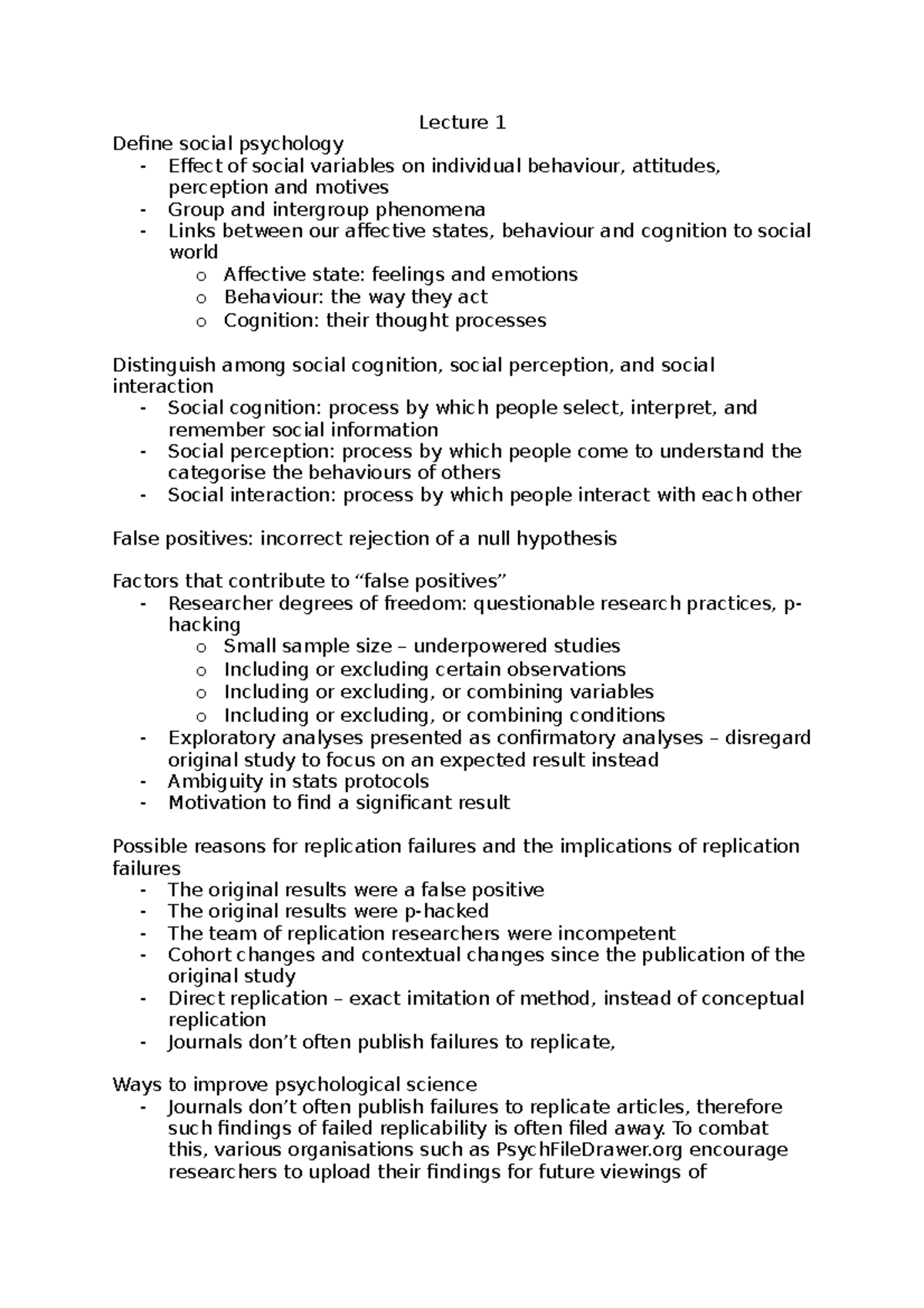 Social psychology - HD notes - Lecture 1 Define social psychology ...