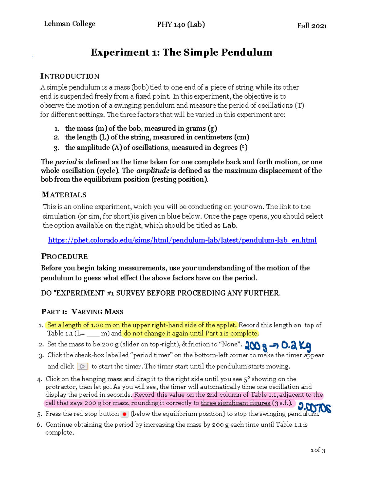 PHY140-Pendulum-F21 - Simple pendulum assignment with instructions and ...