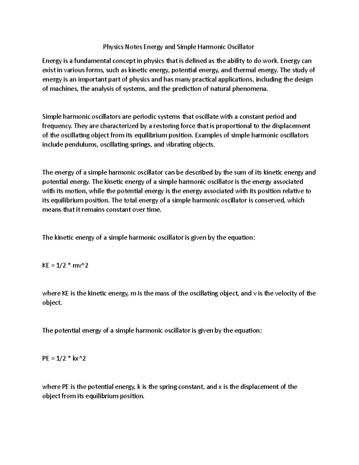 Physics Notes Energy and Simple Harmonic Oscillator - Energy can exist ...
