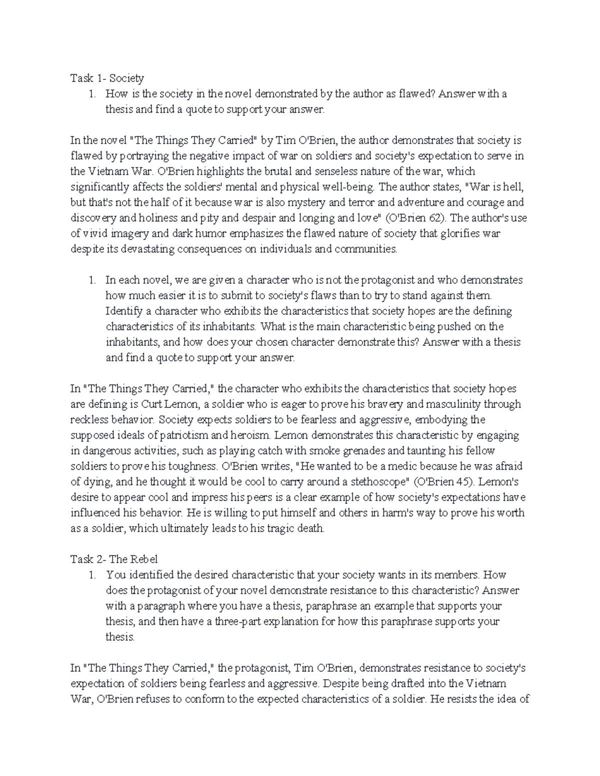 Week 1 Assignment - the things they carried - Task 1- Society 1. How is ...