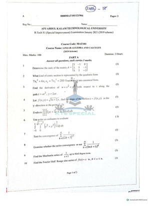 PRV Q Paper S1 Maths DEC2020 - Linear Algebra And Calculus - Studocu
