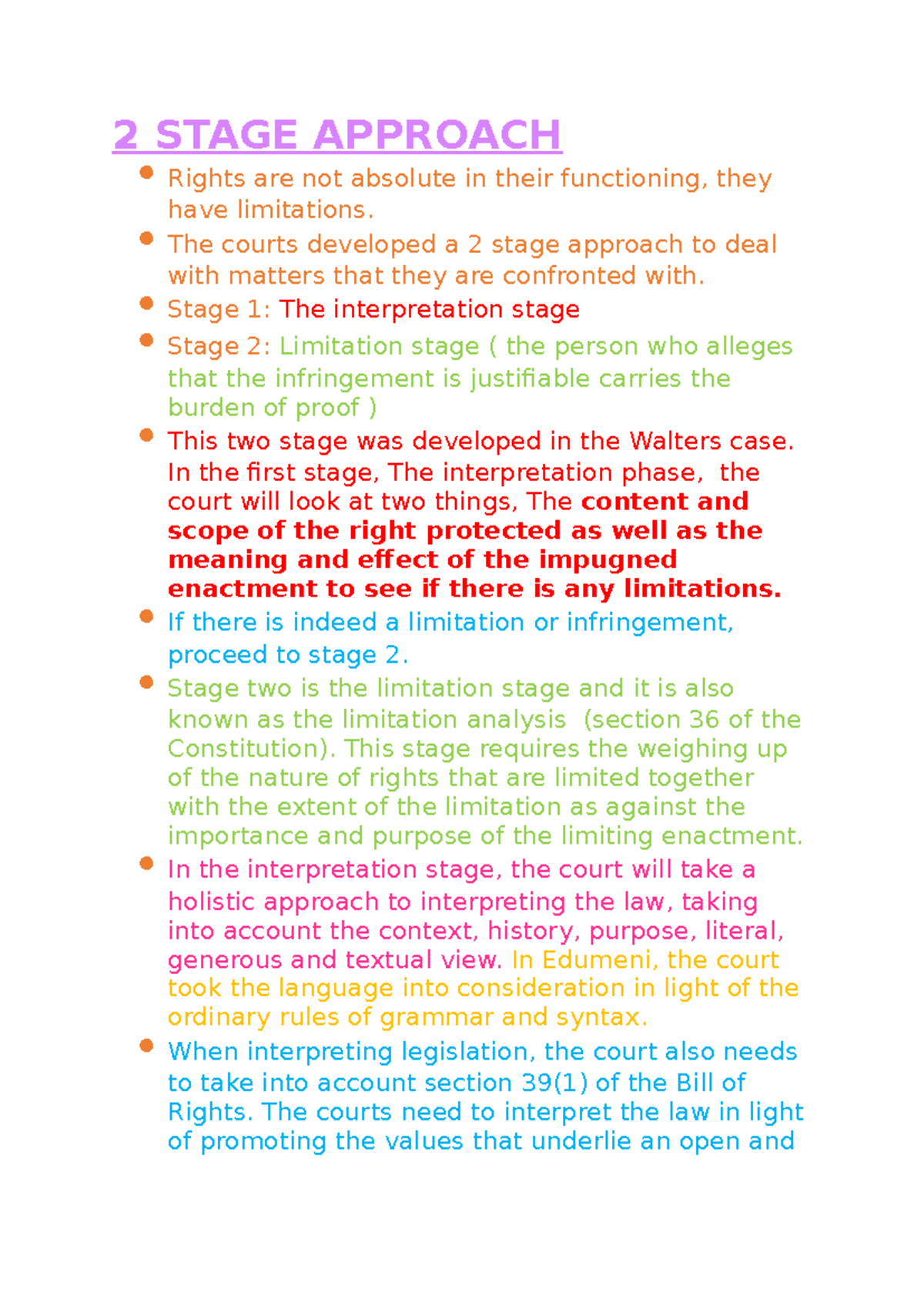 2 Stage Approach study notes - 2 STAGE APPROACH Rights are not absolute ...