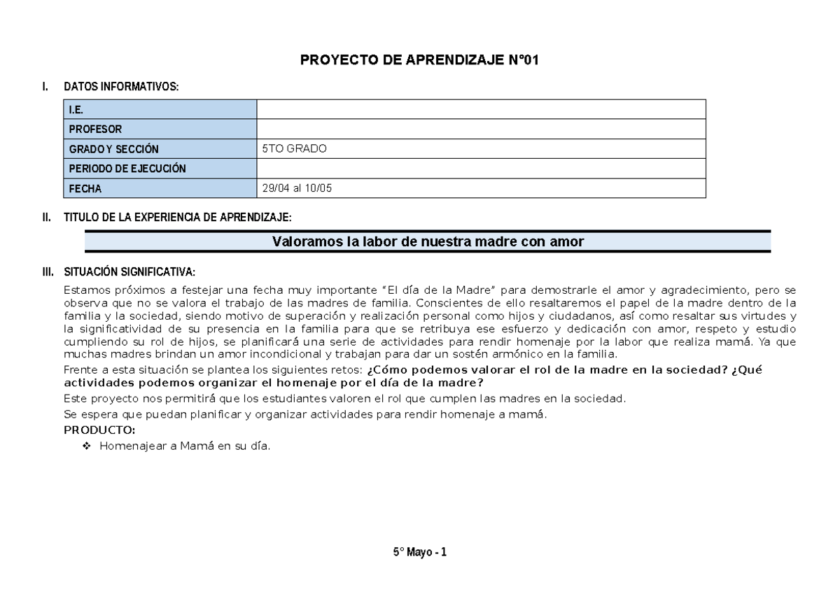 5° Grado - Proyecto DE Aprendizaje N°01 - PROYECTO DE APRENDIZAJE N° I. DATOS INFORMATIVOS: I ...