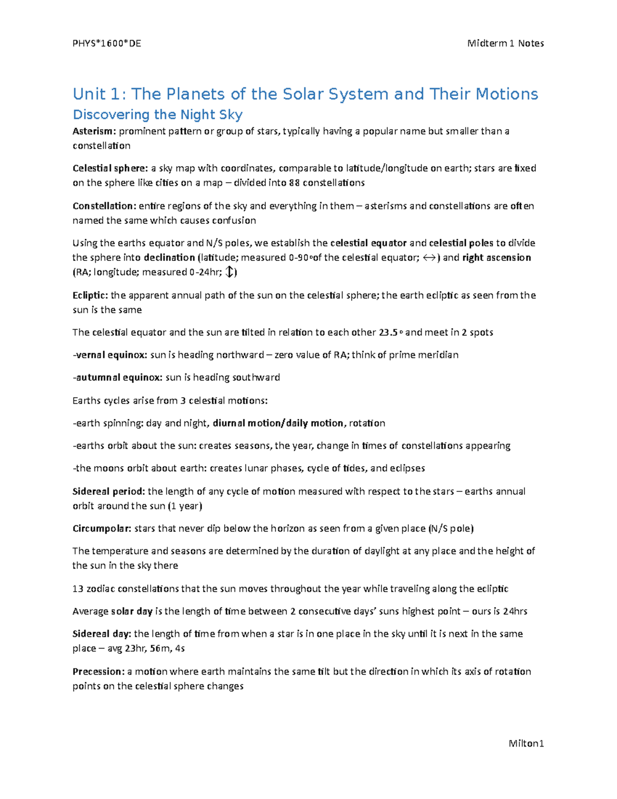 Midterm 1 notes - Midterm 1 Notes Unit 1: The Planets of the Solar ...
