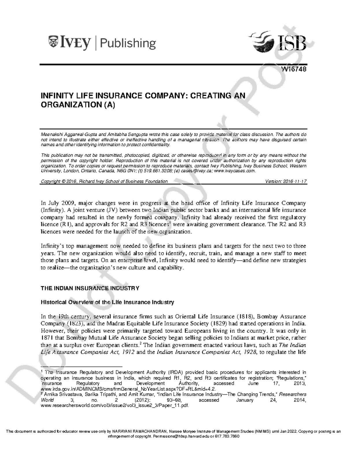 Infinity - Part A for MBA Graduates case - W INFINITY LIFE INSURANCE ...