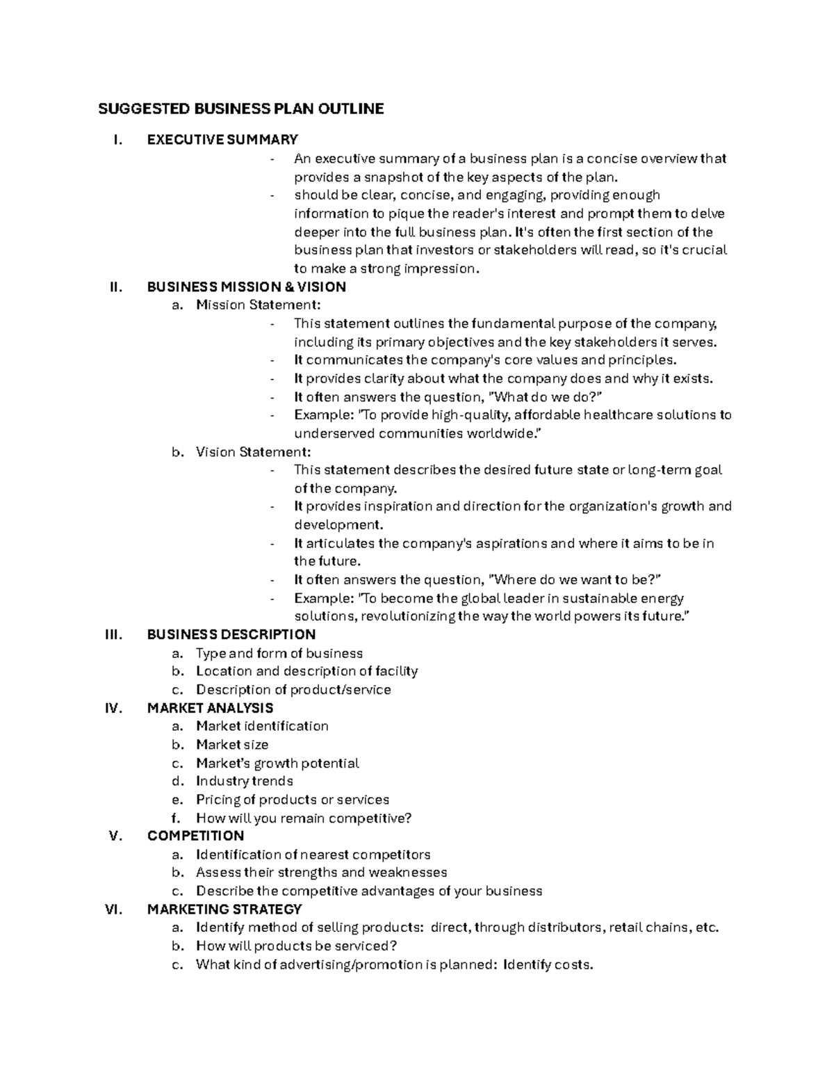 Suggested Business Plan Outline - SUGGESTED BUSINESS PLAN OUTLINE I ...