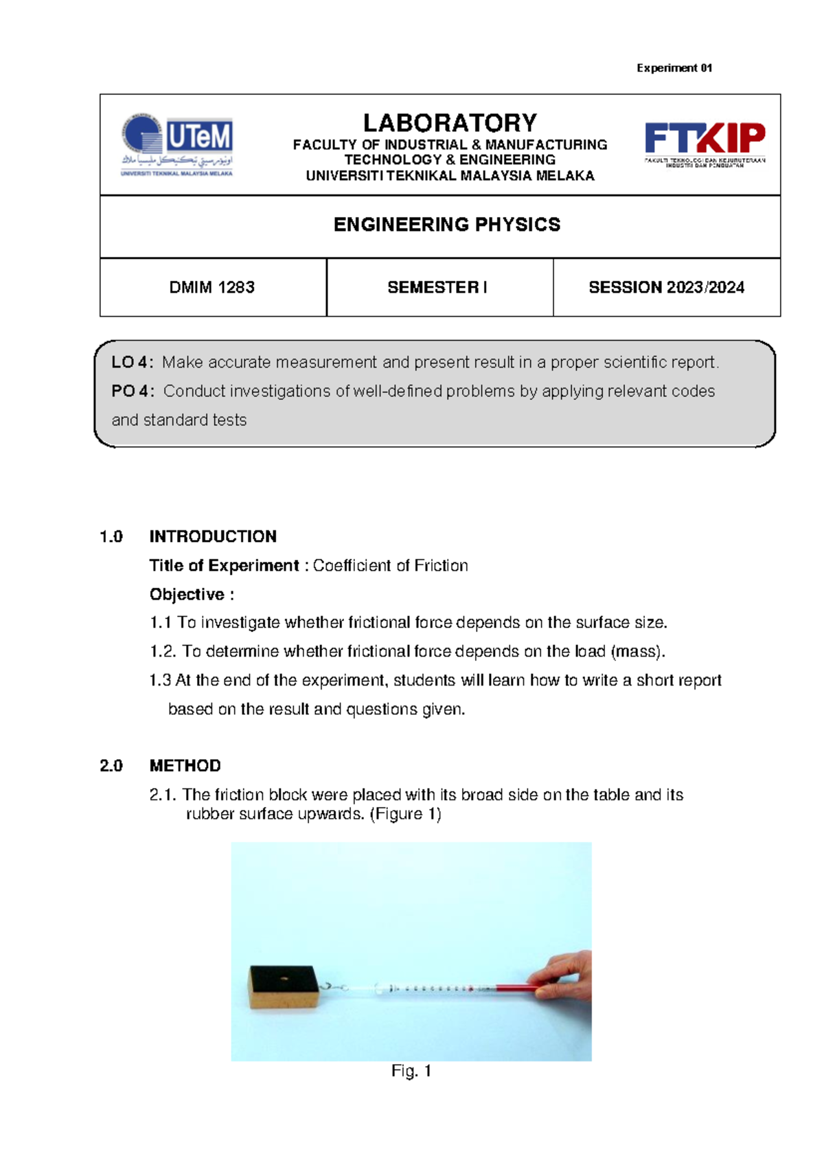 1 Coefficient of Friction - ENGINEERING PHYSICS DMIM 1283 SEMESTER I SESSION 20 23 /20 24 LO 4 ...