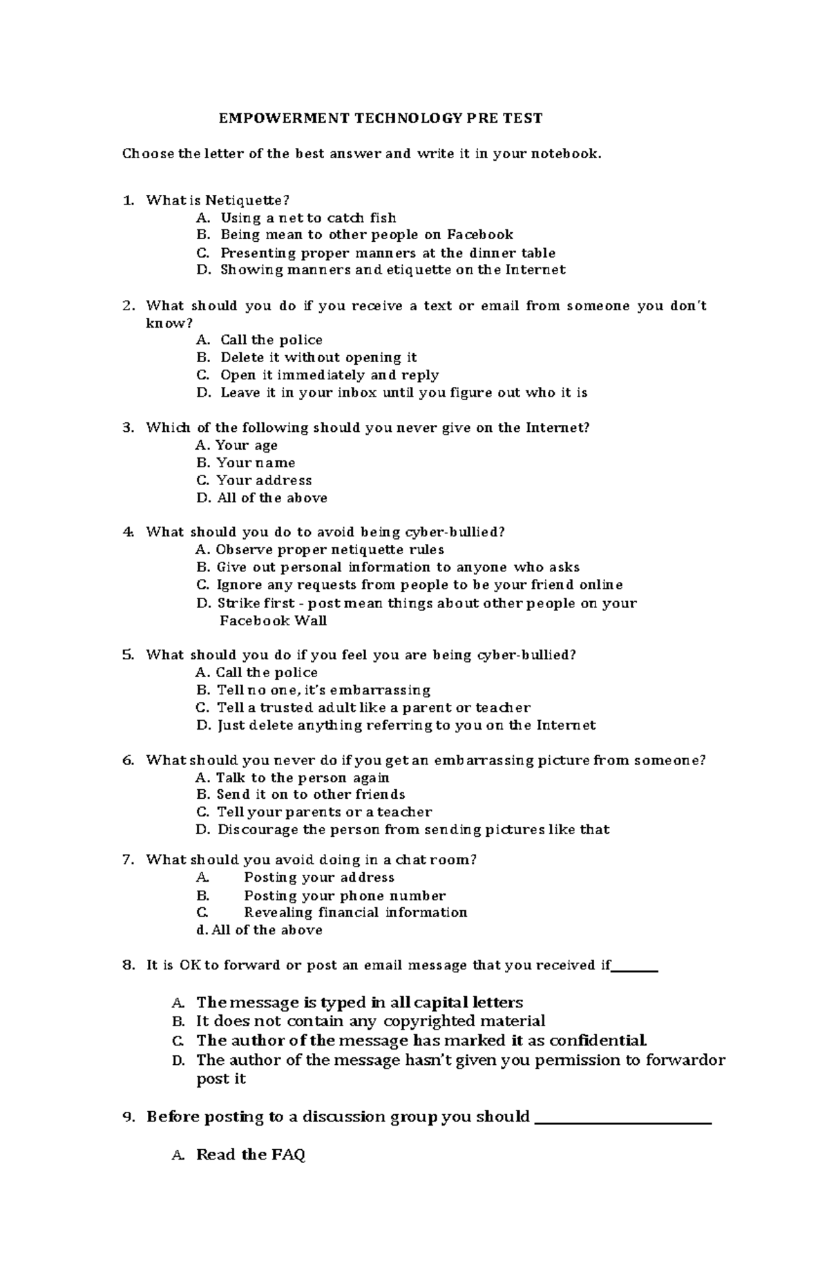 Empowerment Technology POST TEST - EMPOWERMENT TECHNOLOGY PRE TEST ...