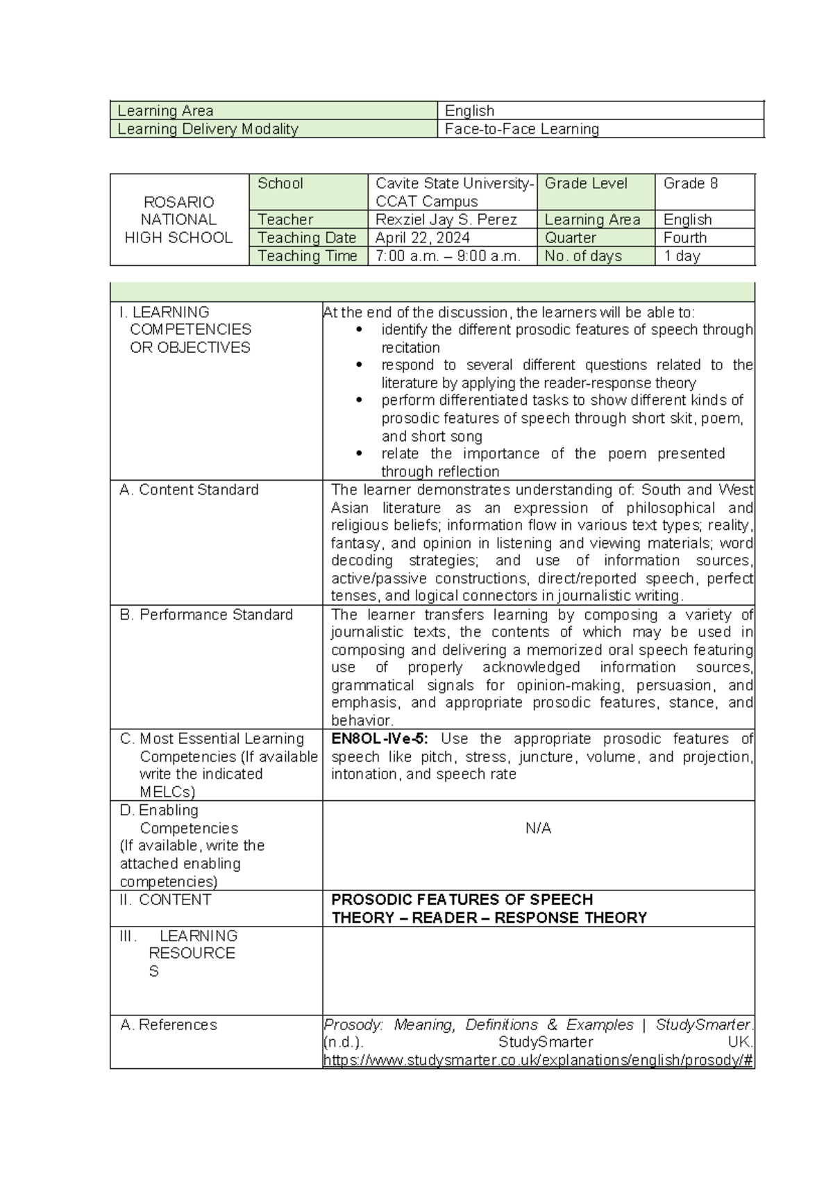 Lesson Exemplar - Learning Area English Learning Delivery Modality Face ...
