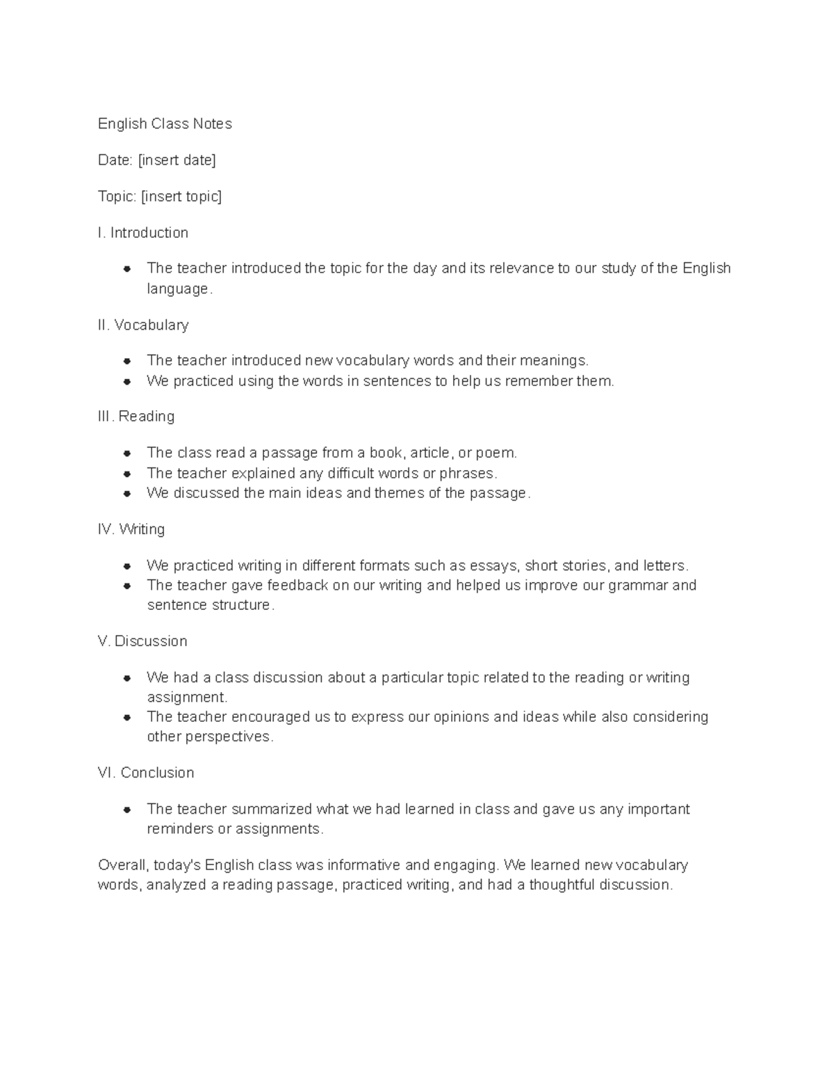 English Class Notes - English Class Notes Date: [insert date] Topic ...