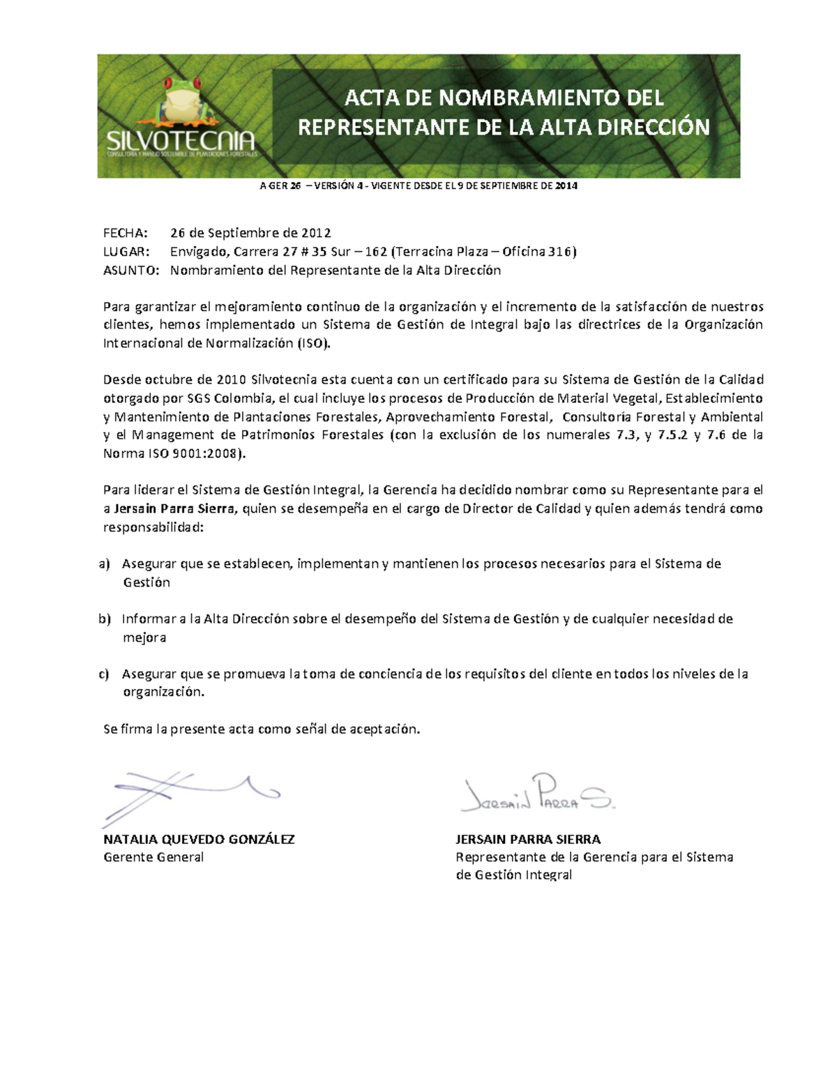 13. Acta de nombramiento del representante de la alta diteccion V4 - A ...