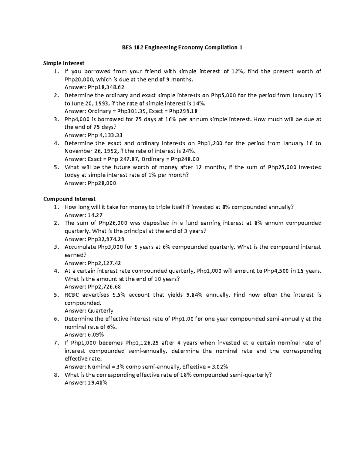 Compilation 1 Engg Economy - **BES 102 Engineering Economy Compilation 1 ** **Simple Interest ...