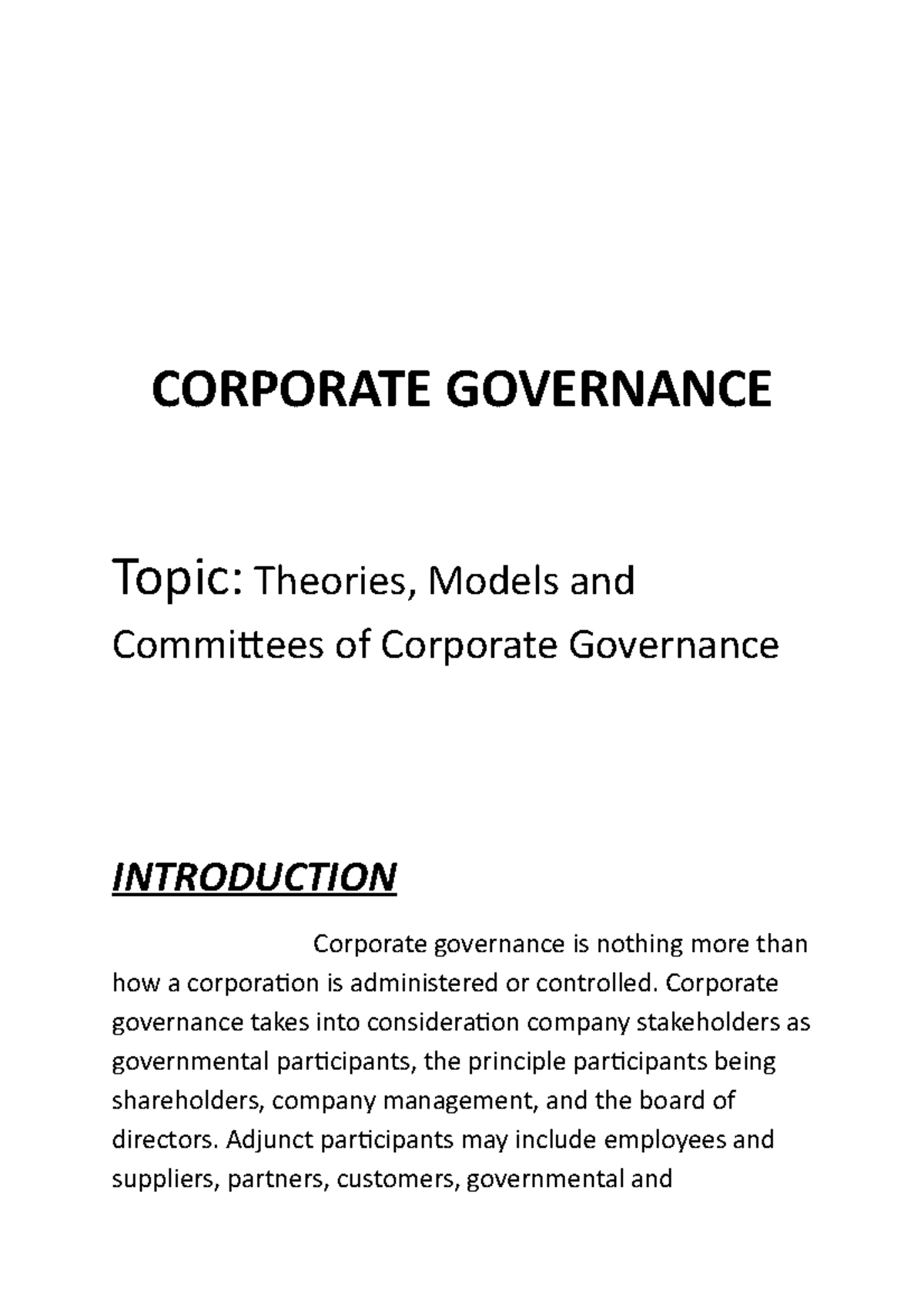 Cptr1 - assignment - CORPORATE GOVERNANCE Topic: Theories, Models and ...