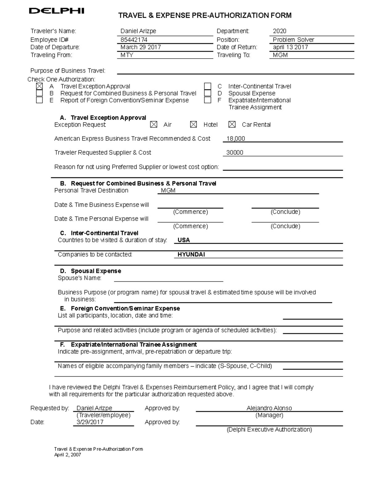 Travel Expense Pre Auth Form como que demasiado - TRAVEL & EXPENSE PRE ...