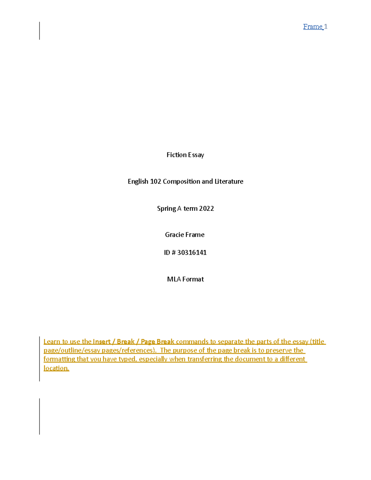 FEFrame (1)-Revision - Revised Paper - Fiction Essay English 102 ...