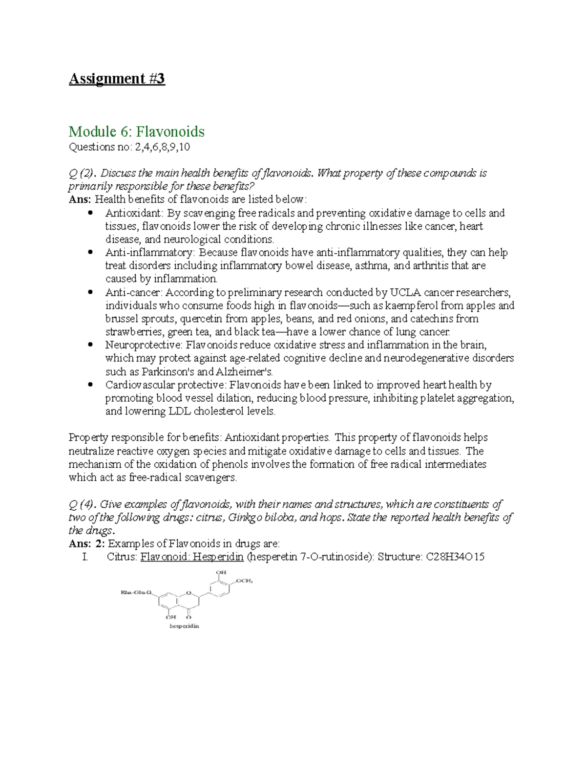 Assignment 3 Karan-stha - Assignment Module 6: Flavonoids Questions no: 2,4,6,8,9, Q (2 ...