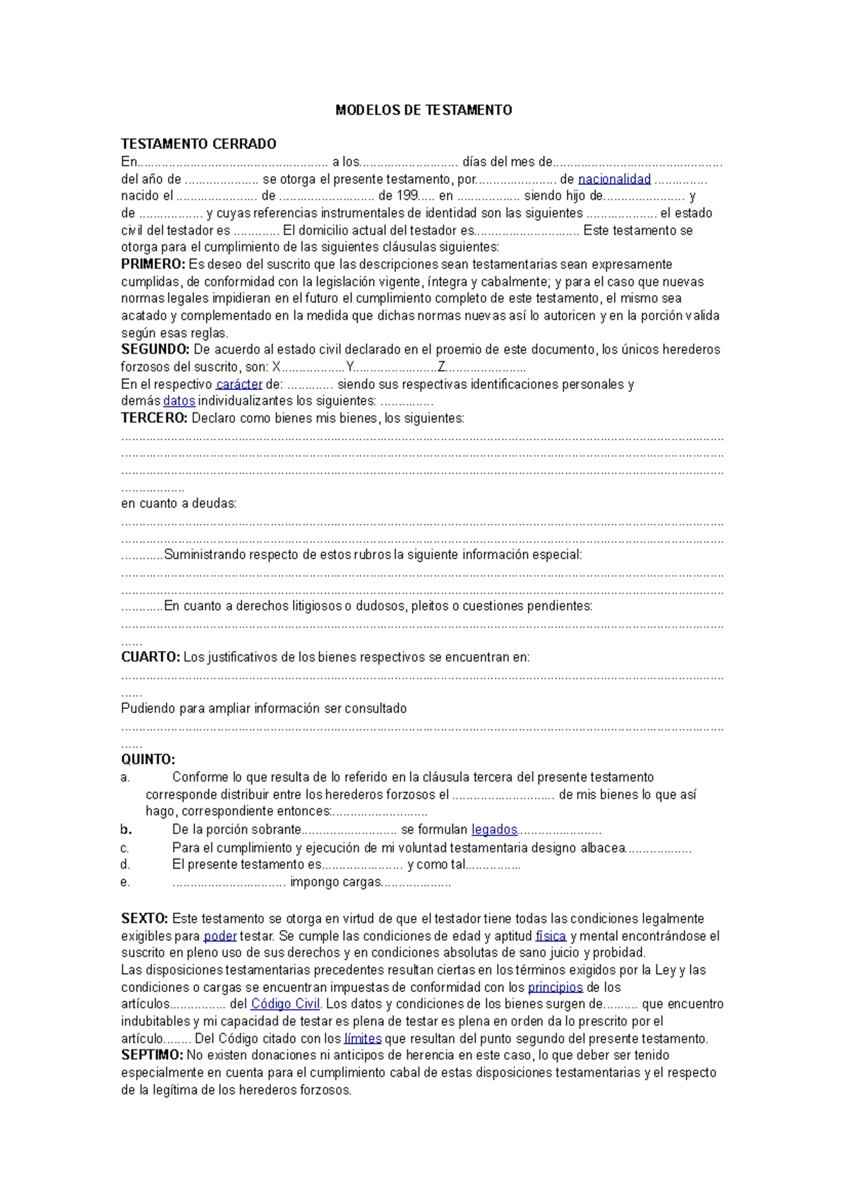 Modelos DE Testamento - MODELOS DE TESTAMENTO TESTAMENTO CERRADO - Studocu