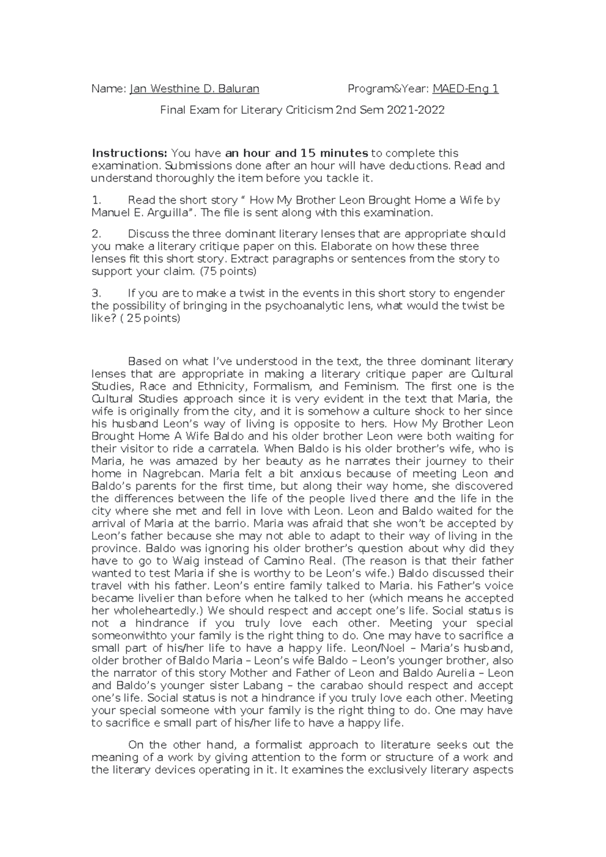 Final Exam for Literary Criticism - Name: Jan Westhine D. Baluran ...