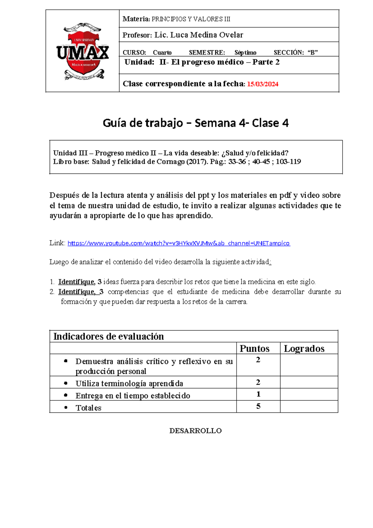 Semana 4 Clase 4 Principios y Valores 7B Guía de trabajo - Guía de trabajo – Semana 4- Clase 4 ...