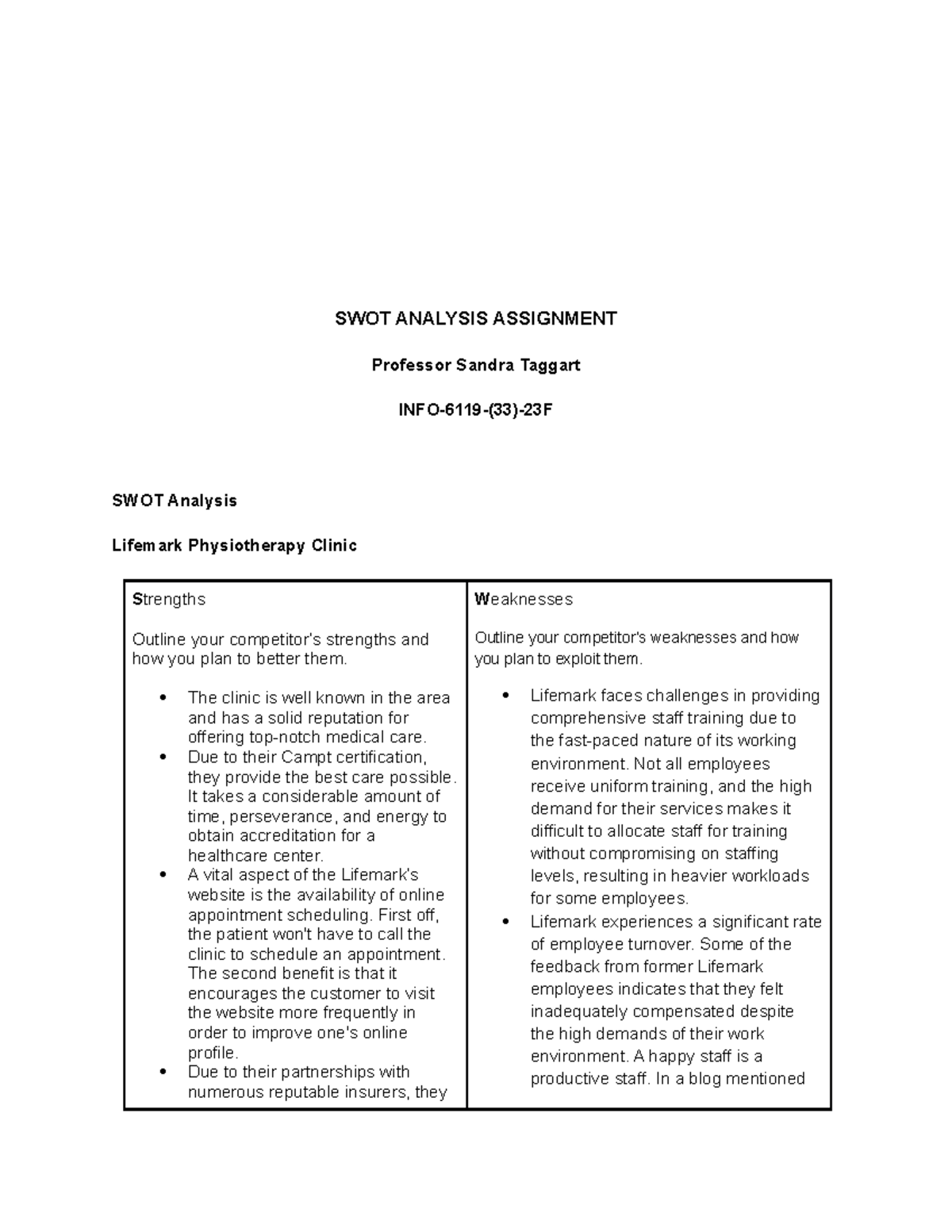 SWOT Analysis Assign MENT - SWOT ANALYSIS ASSIGNMENT Professor Sandra ...