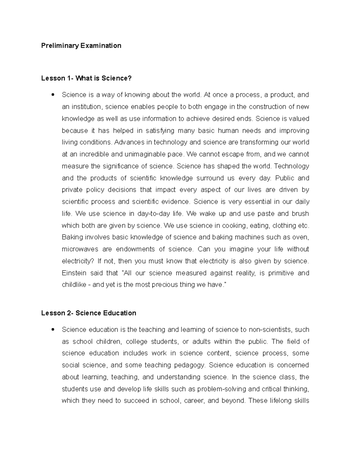 Science exam reflection paper - Preliminary Examination Lesson 1- What ...