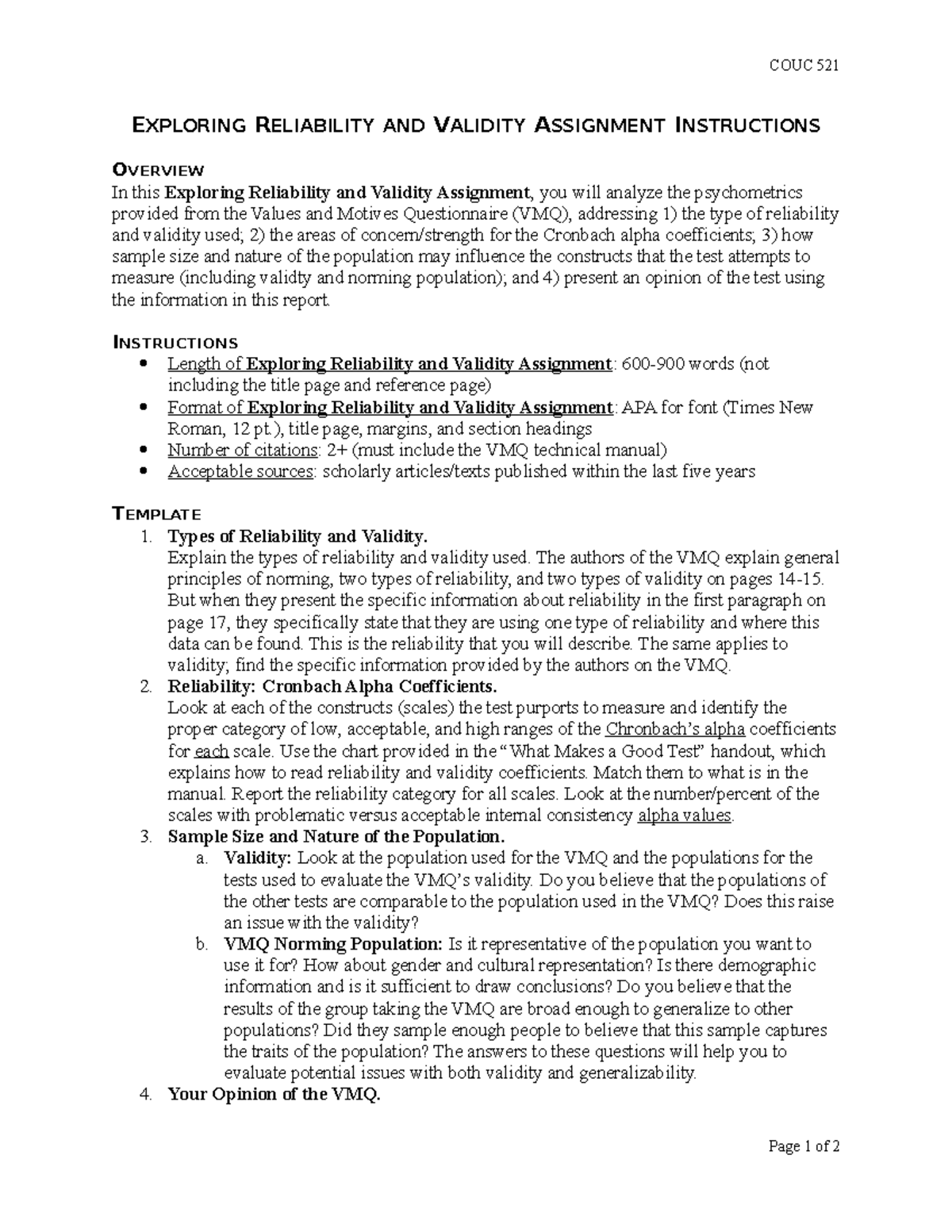 Exploring Reliability and Validity Assignment Instructions - COUC 521 EXPLORING RELIABILITY AND ...