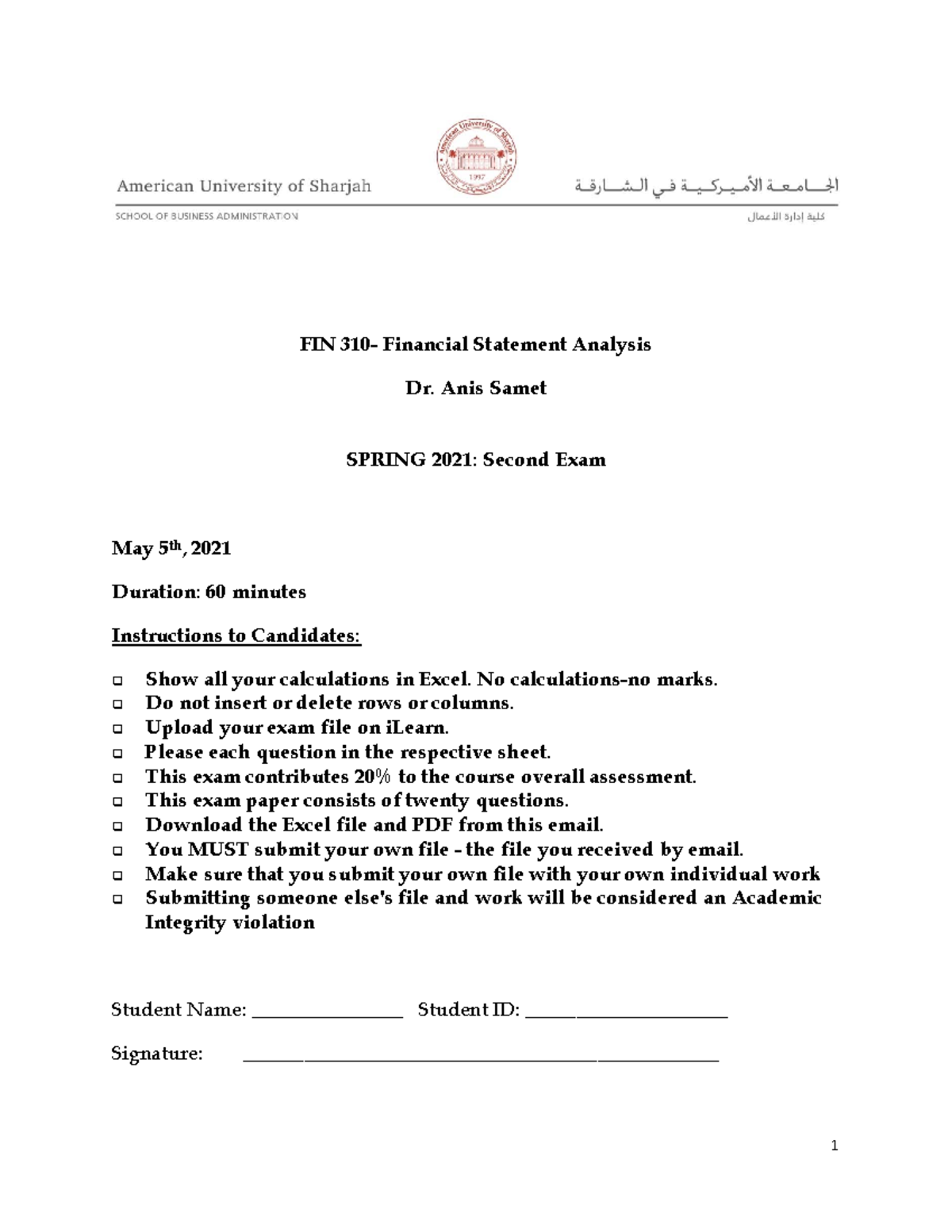 310 midterm 2 questions - FIN 310- Financial Statement Analysis Dr. Anis Samet SPRING 2021 ...