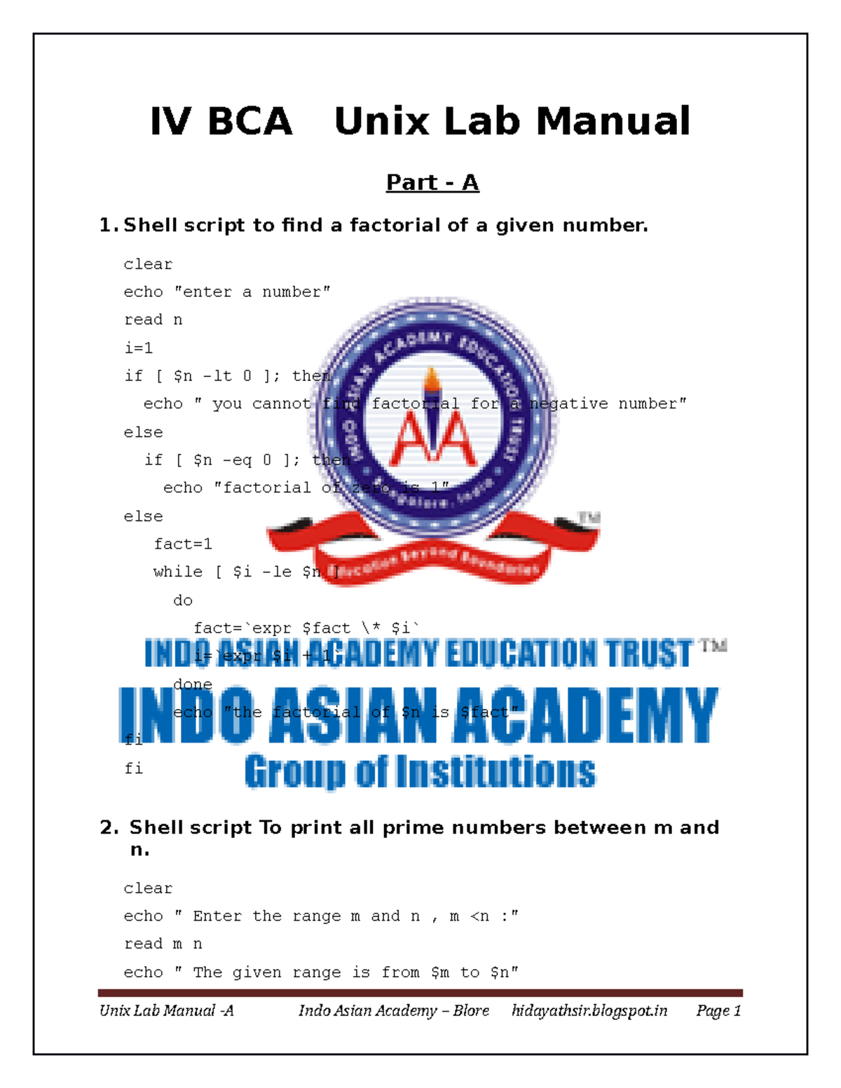Unix Lab Manual Part A Bca Iv Bca Unix Lab Manual Part A 1 Shell Script To Find A Factorial 5142
