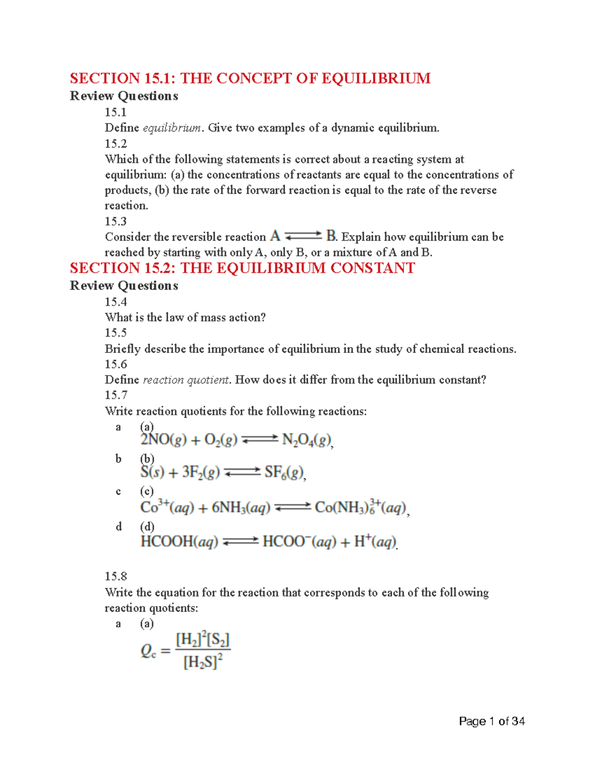 C15 4e Questions -Chemical Equiilibrium - SECTION 15: THE CONCEPT OF ...