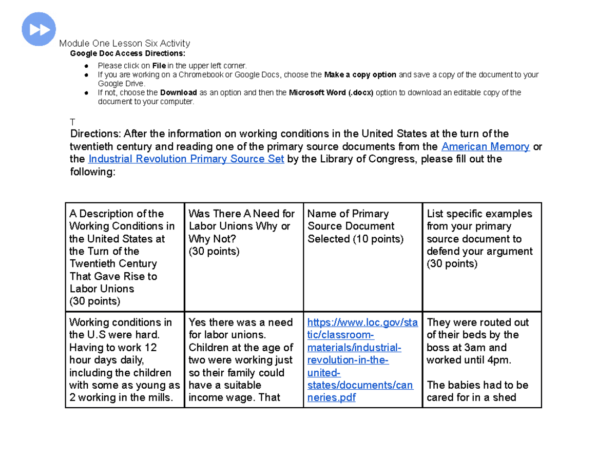 Copy of Module One Lesson Six Activity - Module One Lesson Six Activity Google Doc Access - Studocu
