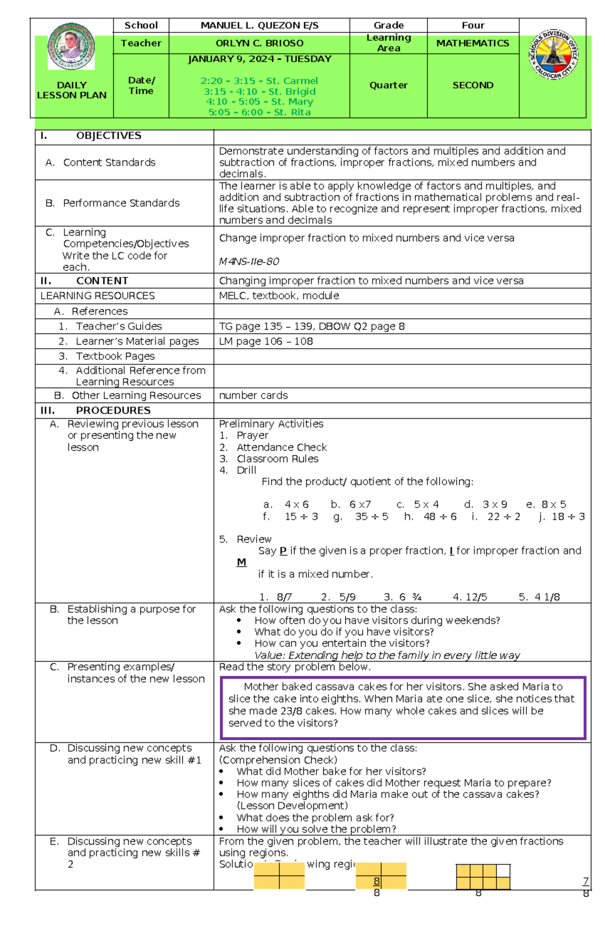 Math4-Q2-W1-Lesson 8 - Lesson Plan in Mathematics 4 - I. OBJECTIVES A ...