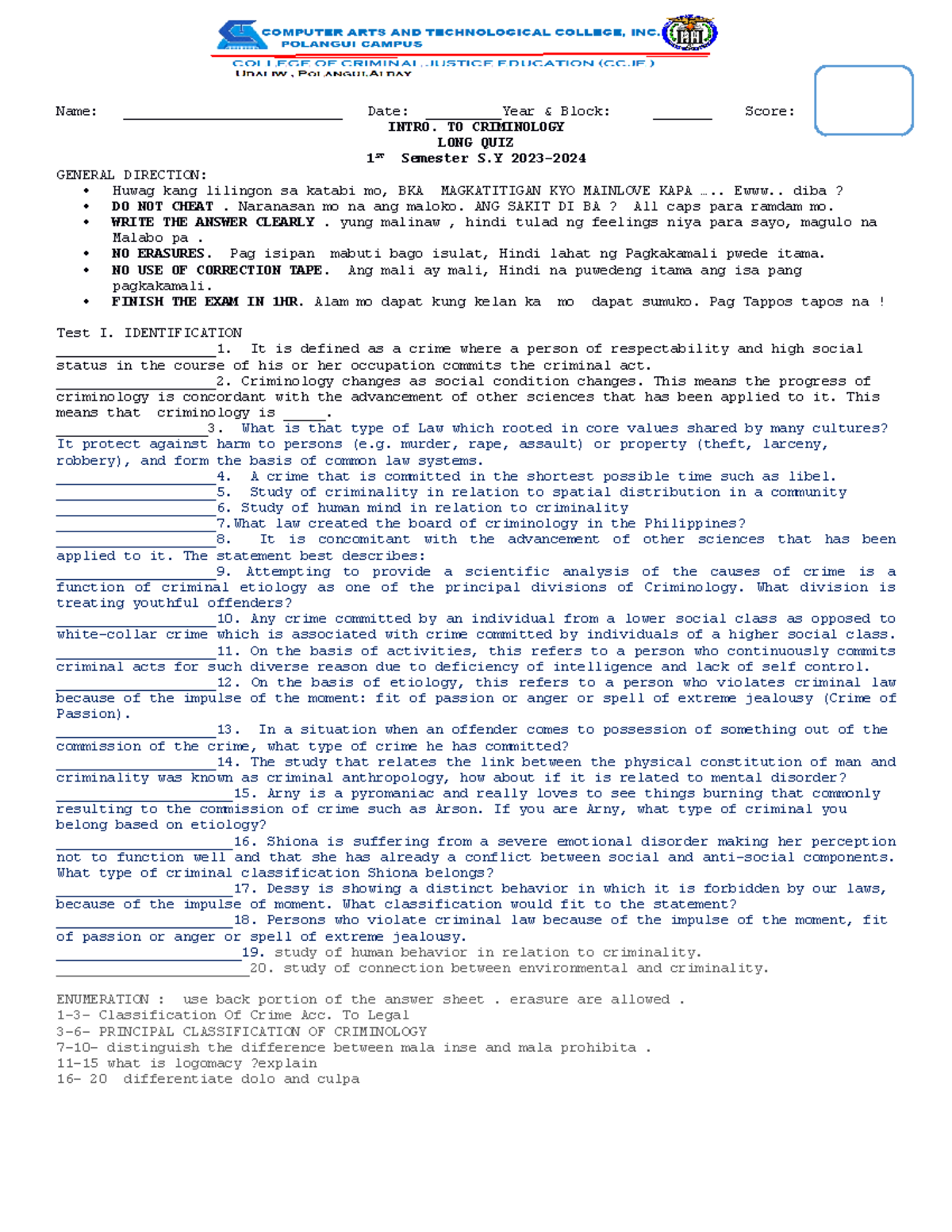 QUIZ Intro TO CRIM2 - Name: __________________________ Date: _________Year & Block ...