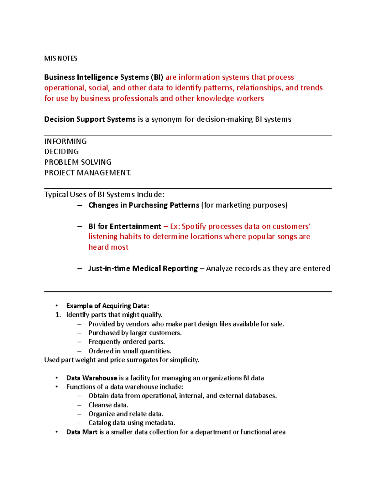 MIS Notes - MIS NOTES Business Intelligence Systems (BI) are ...