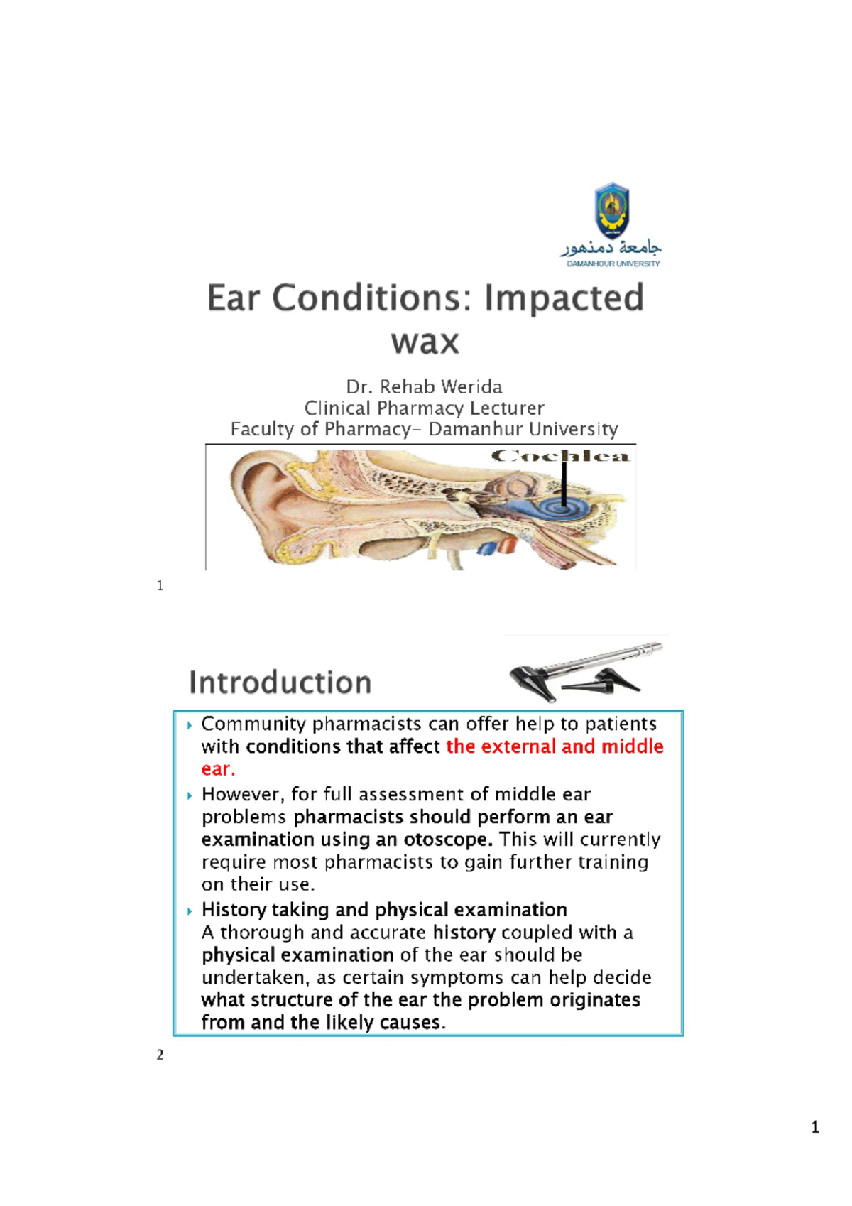 Lecture Ear Wax - تلخيص مهم - Non-Prescription Therapeutics - Studocu