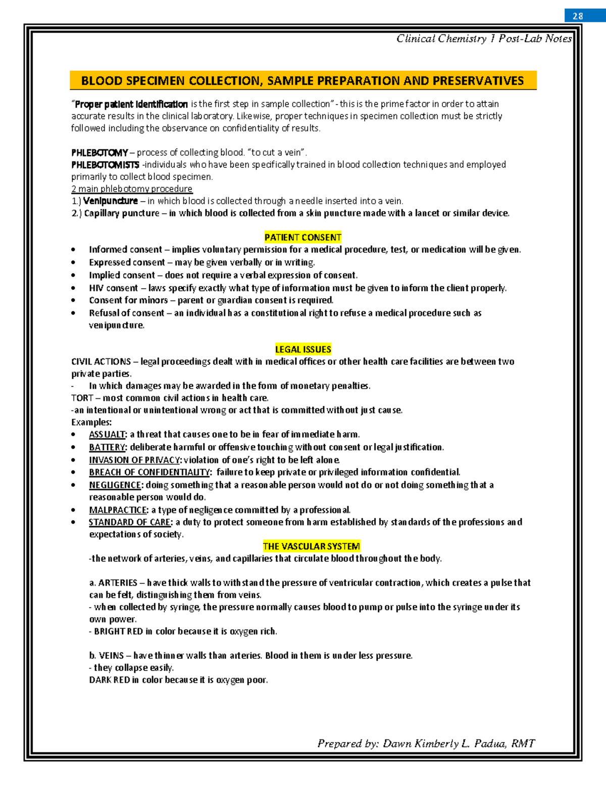 Specimen Collection - Clinical Chemistry 1 Post-Lab Notes BLOOD ...