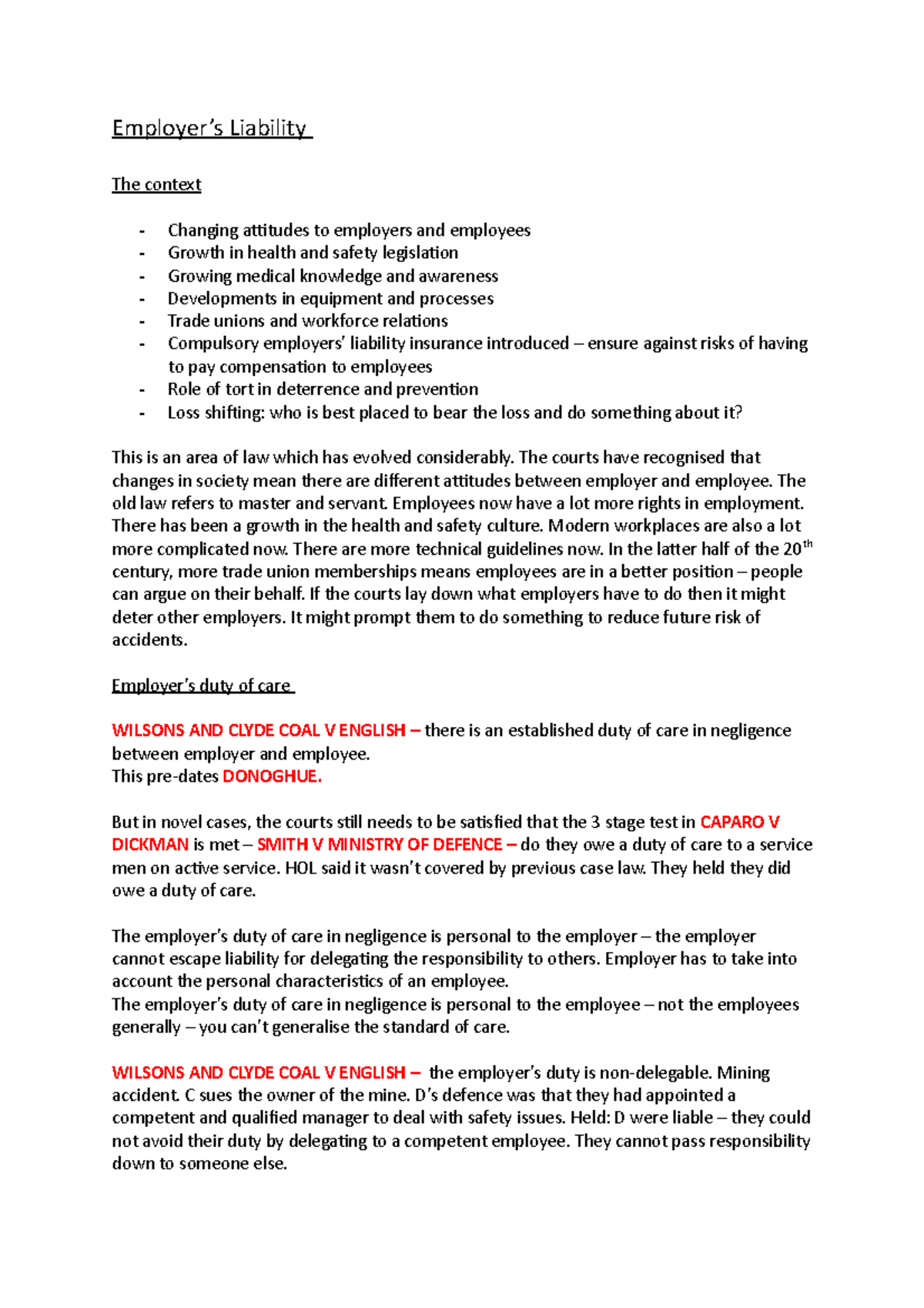 Employers liability notes - Employer’s Liability The context - Changing ...