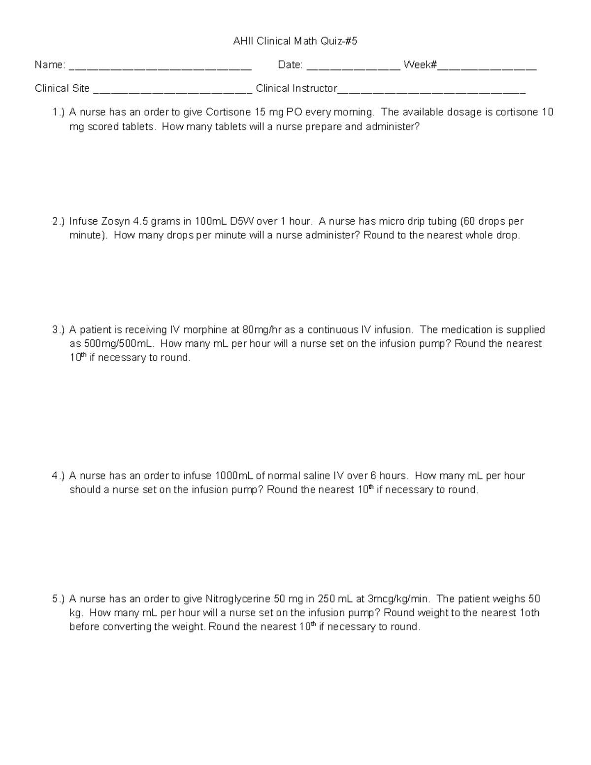 AHII Clinical Math Quiz 5 - AHII Clinical Math Quiz-# Name