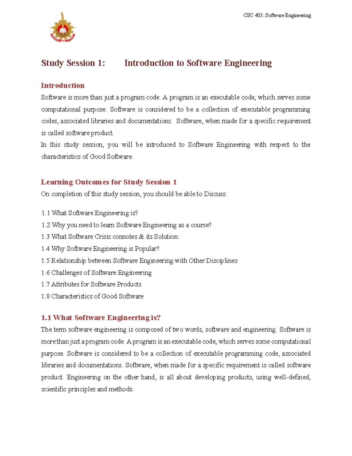 CSC 403 All Sessions - Software Engineering - Study Session 1: Introduction to Software ...