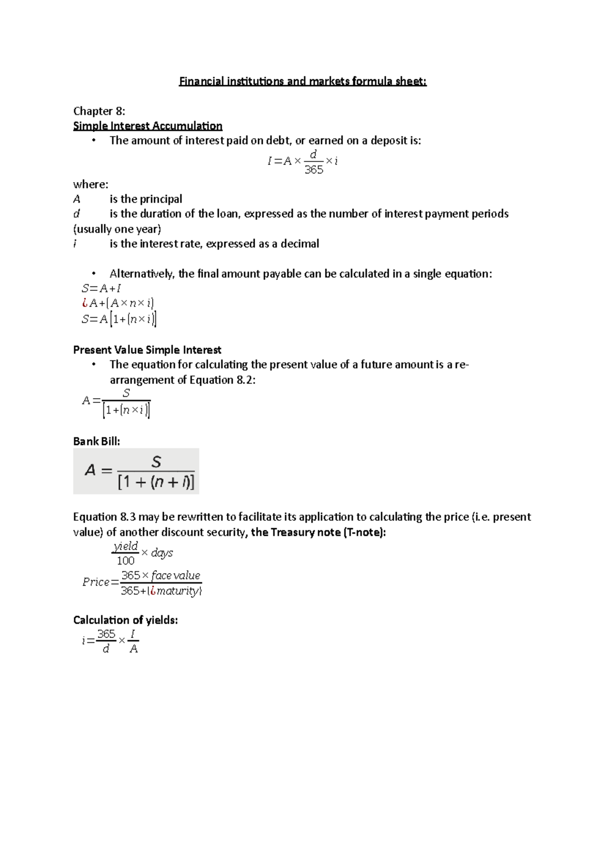 Financial institutions and markets formula sheet Chapter 8 - present ...