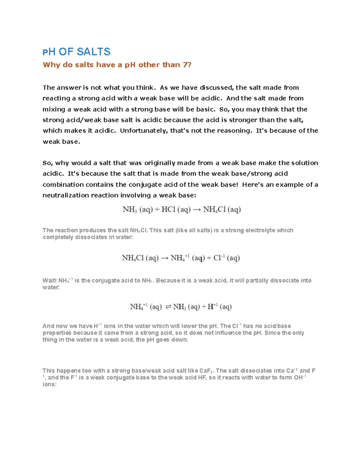 PH of salts - Instructor given general chemistry II lecture notes. - PH ...