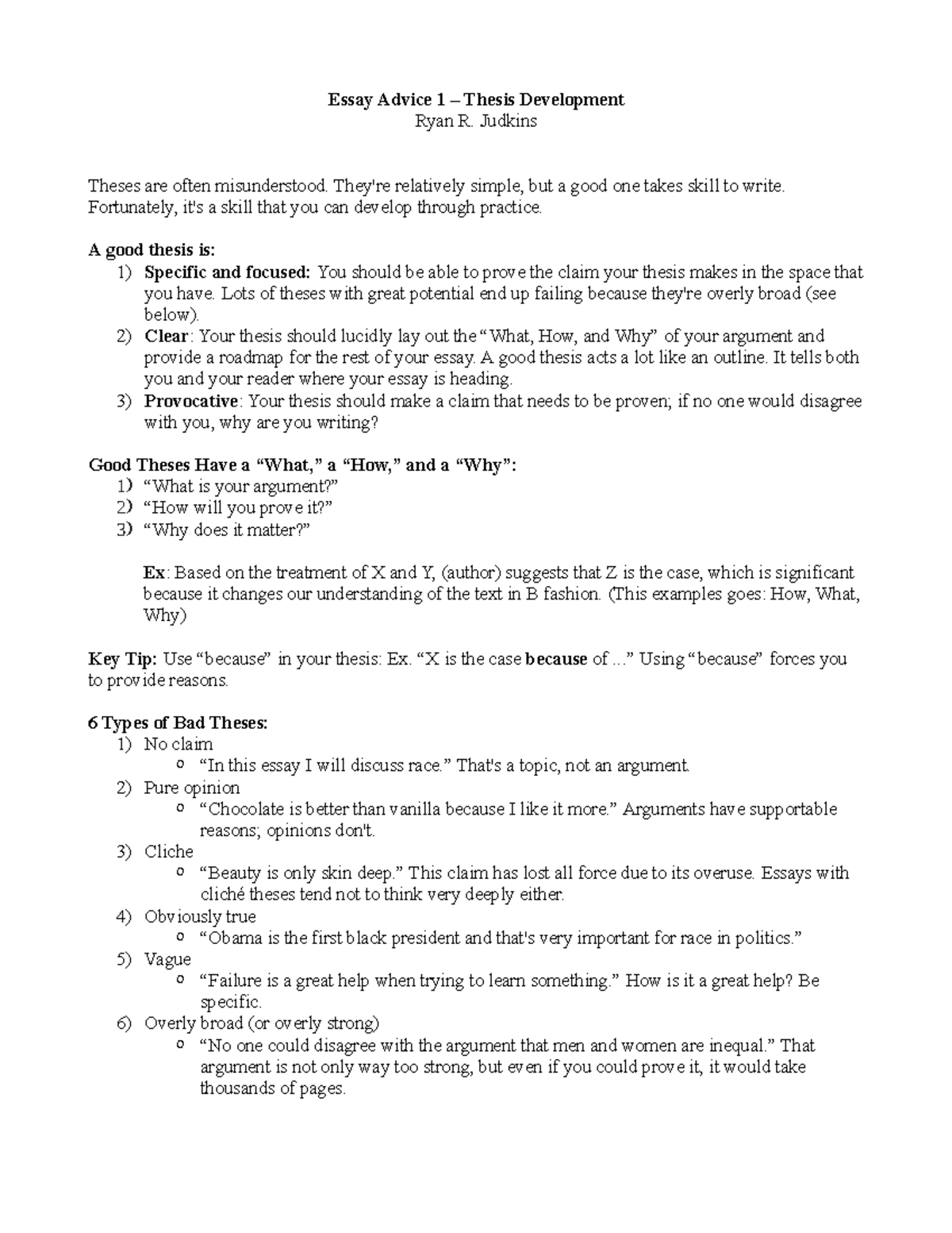 E01 Theses - handout/guide - Essay Advice 1 – Thesis Development Ryan R ...