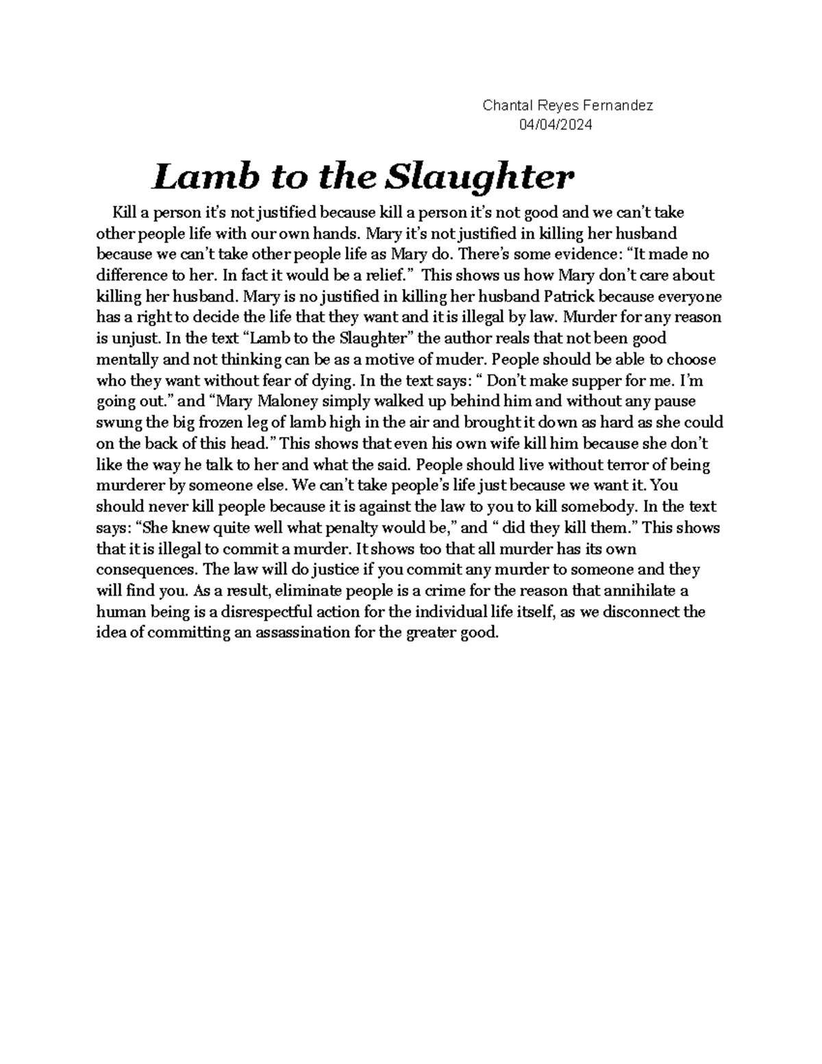 Chantal Reyes “Lamb to the Slaughter” Essay - Chantal Reyes Fernandez ...