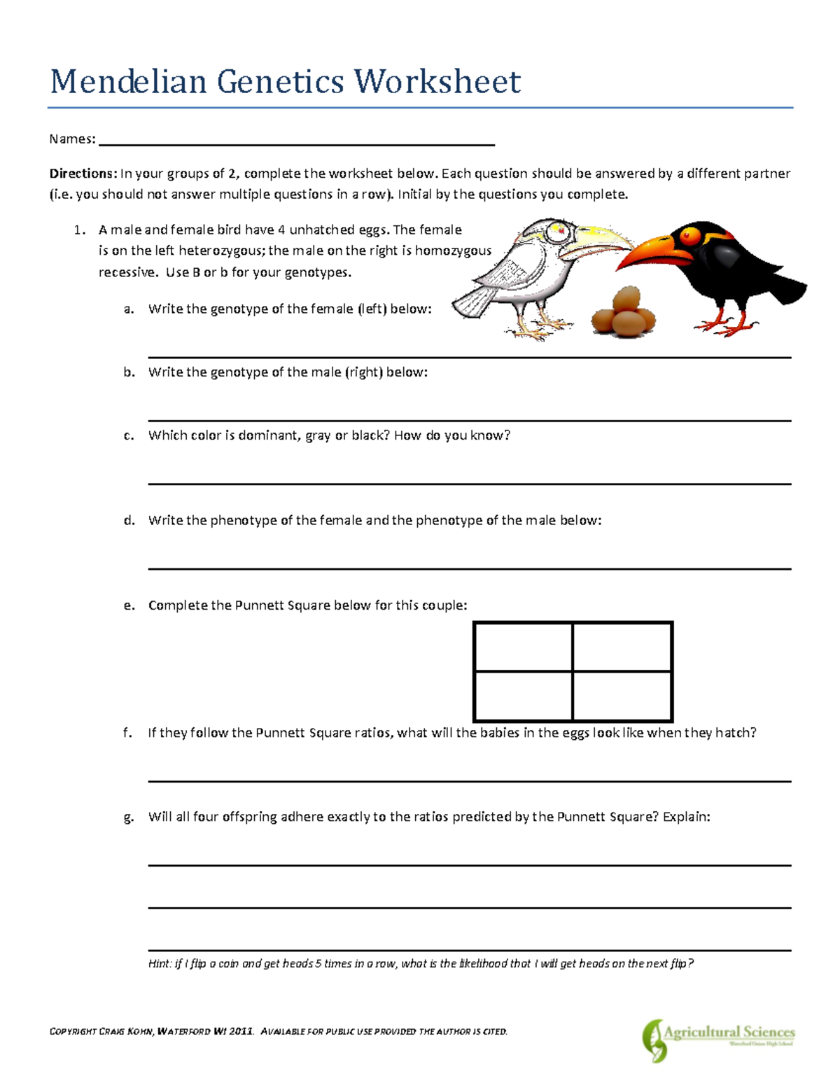 Punnett square practice - worksheet 2 - Mendelian Genetics Worksheet ...