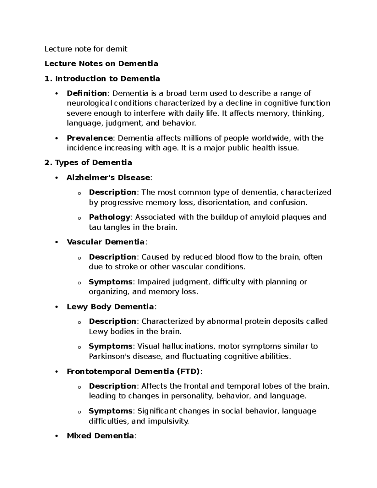Dementia - nothing special. - Lecture note for demit Lecture Notes on ...