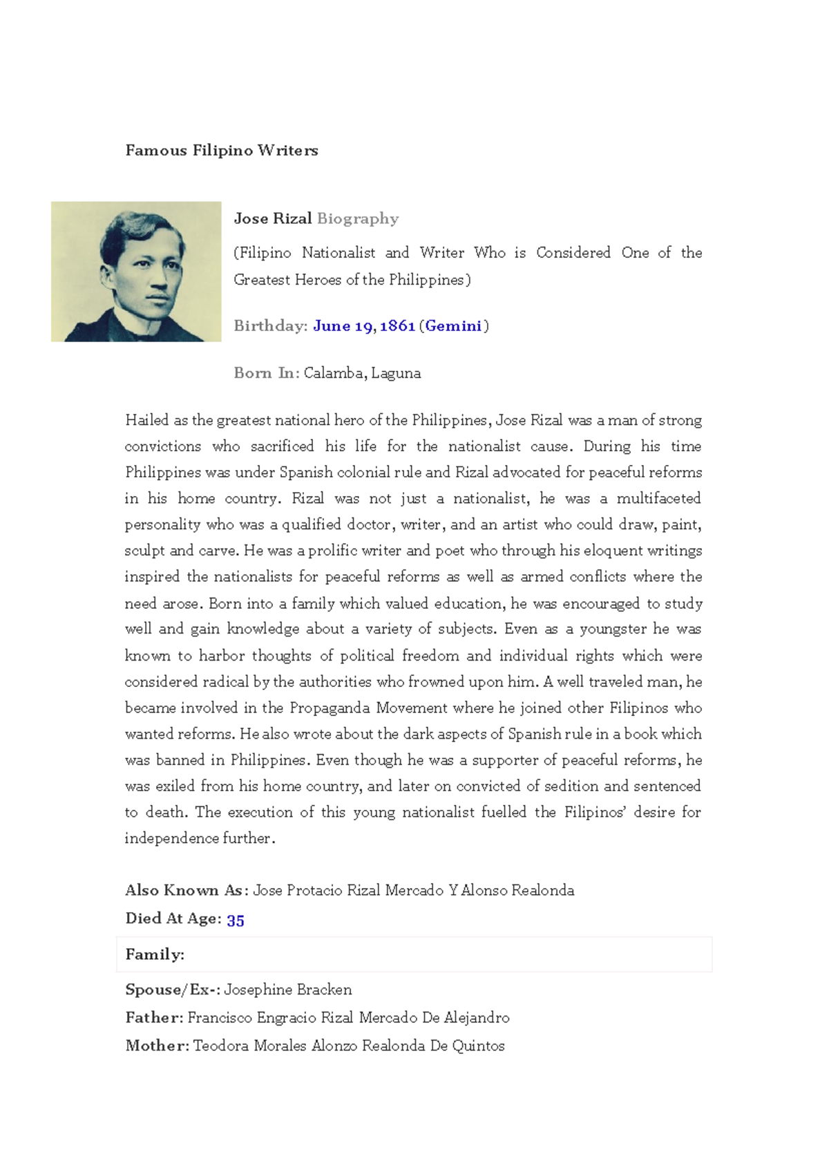 Famous Filipino Writers - During his time Philippines was under Spanish ...