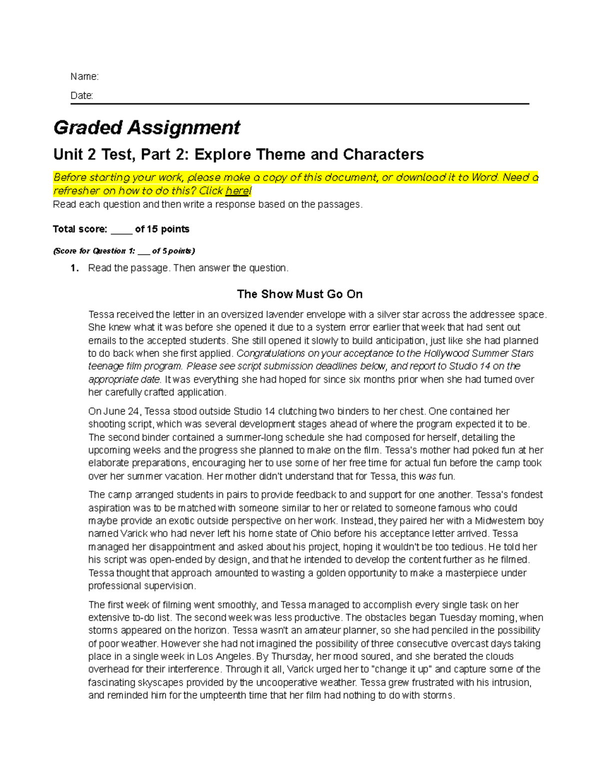 Unit 2 Test - english test - Name: Date: Graded Assignment Unit 2 Test ...