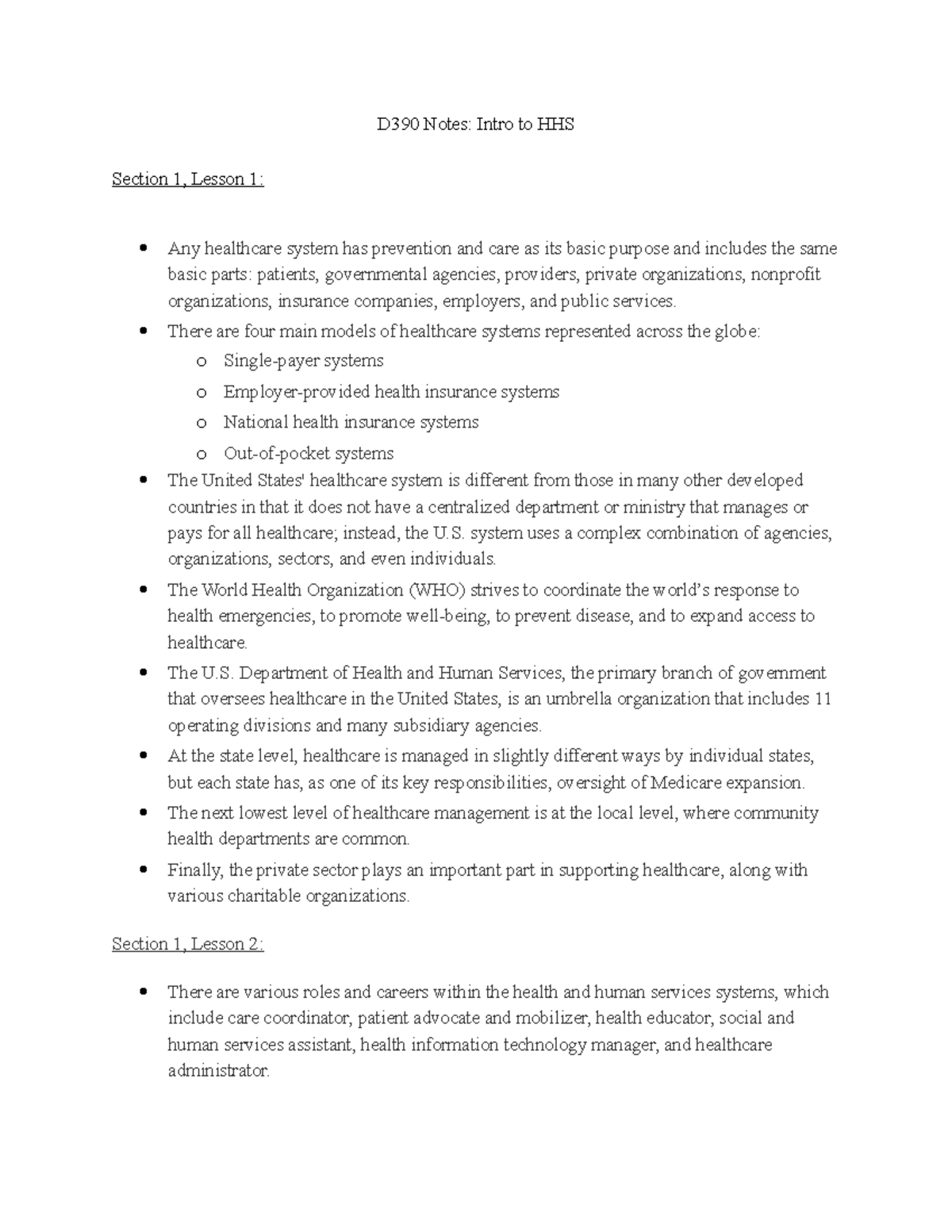 D390 Notes - There are four main models of healthcare systems ...